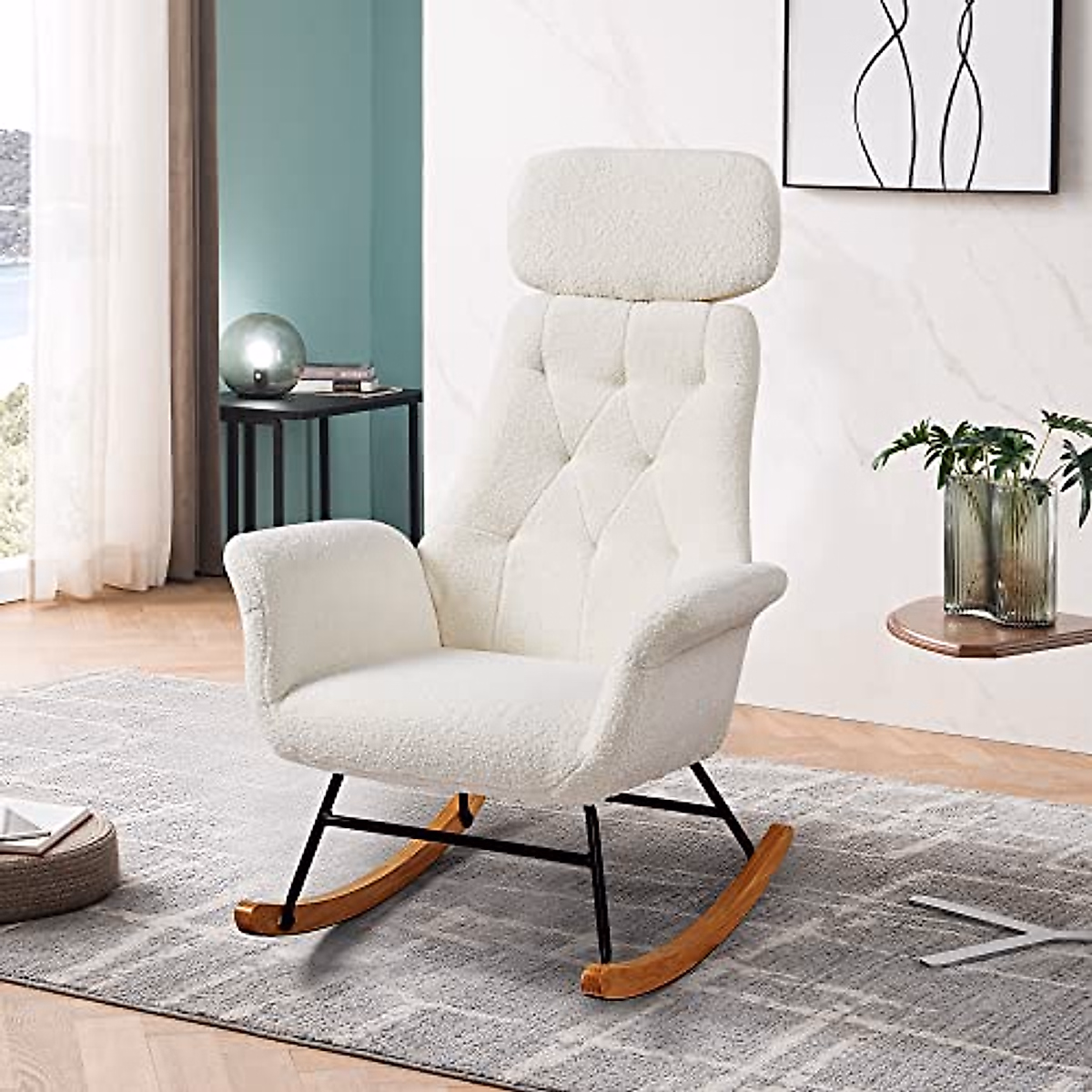 Wirrytor Modern Nursery Rocking Chair, Teddy Fabric Upholstered Glider Rocker Chair, Rocking Accent Chair with High Backrest Armchair Comfy Side Chair for Living Room Bedroom Home Offices(Teddy Beige)