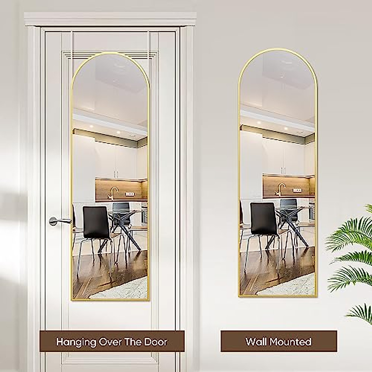 Antok Over The Door Mirror Full Length, 50"x16" Arched Top, Gold Frame, Modern Style, Shatterproof, Adjustable Height, Bedroom, Bathroom, Living Room