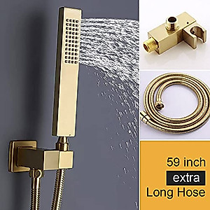 Brushed Gold Rain Shower System - 16 inch Ceiling Square Rainfall head with Handheld Spray and Full Body Massage Multi Jets Thermostatic Brass Valve Kit, Faucets Sets Complete Combo