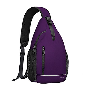 MOSISO Sling Backpack,Multipurpose Travel Hiking Daypack Rope Crossbody Shoulder Bag with Front Buckle Pouch&Reflective Strip, Purple