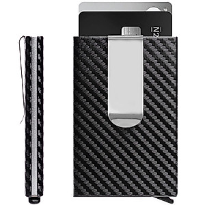 SLUKULU Slim Wallet for Men with Money Clip and Credit Card Holder, RFID Blocking Carbon Fiber Wallet,Minimalist Pop-Up Metal Front Pocket Wallet. (Black)