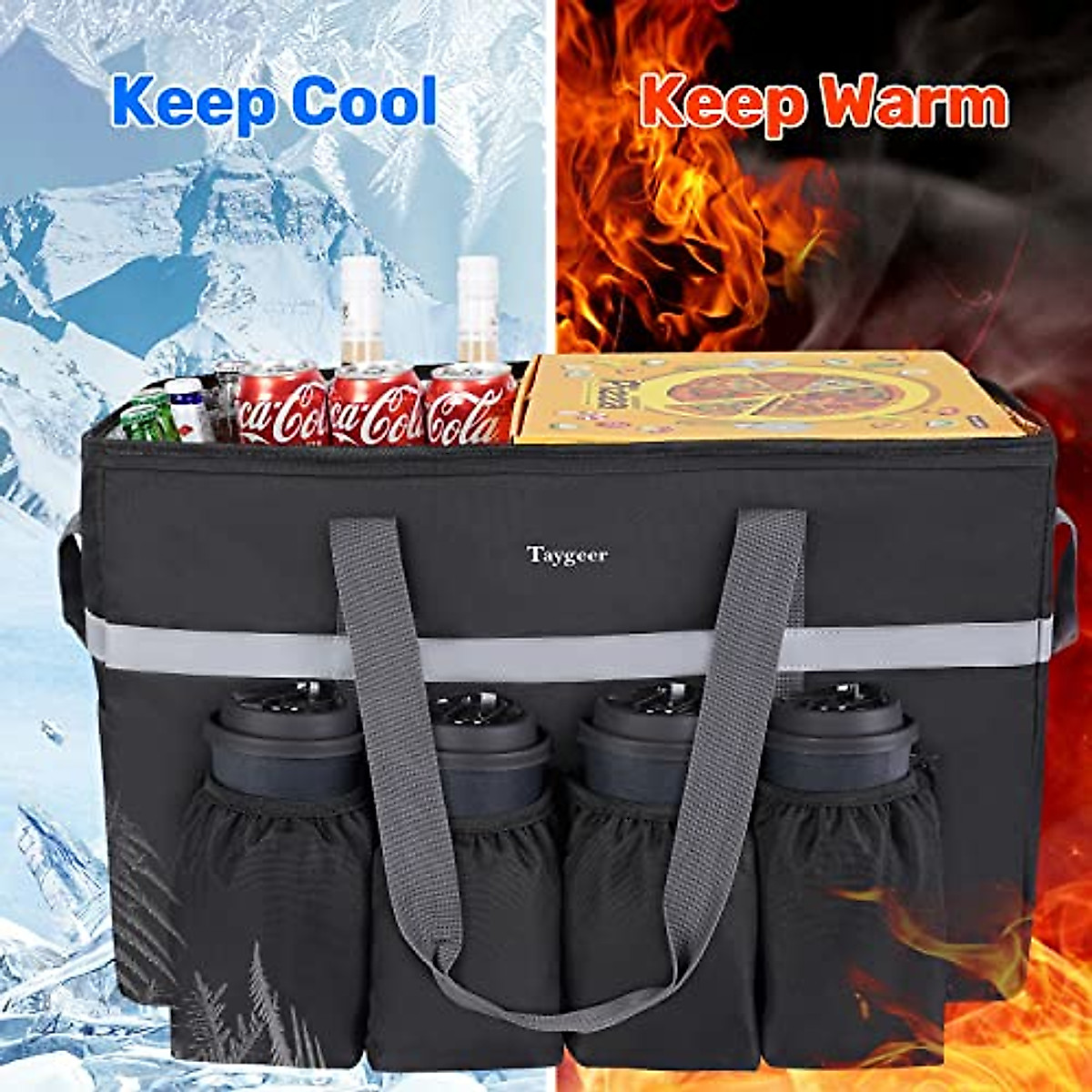 Insulated Food Delivery Bag with 4 Cup Holders, Large Warm & Cooler Shipping Bag, Catering Thermal Bag for Cold and Hot Food Transport, Grocery Bags for Pizza Delivery, Beverages, Uber Eat, Camping