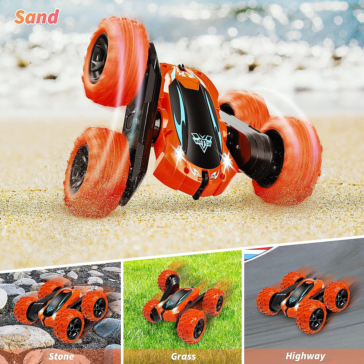 GaHoo Remote Control Car,2.4GHz Electric Race RC Stunt Car, Double Sided 360°Flips Rotating Vehicles with LED Headlights,4WD High Speed Off Road Truck Kids Toys for 3 4 5 6-12 Year Old Boy Girl Teens