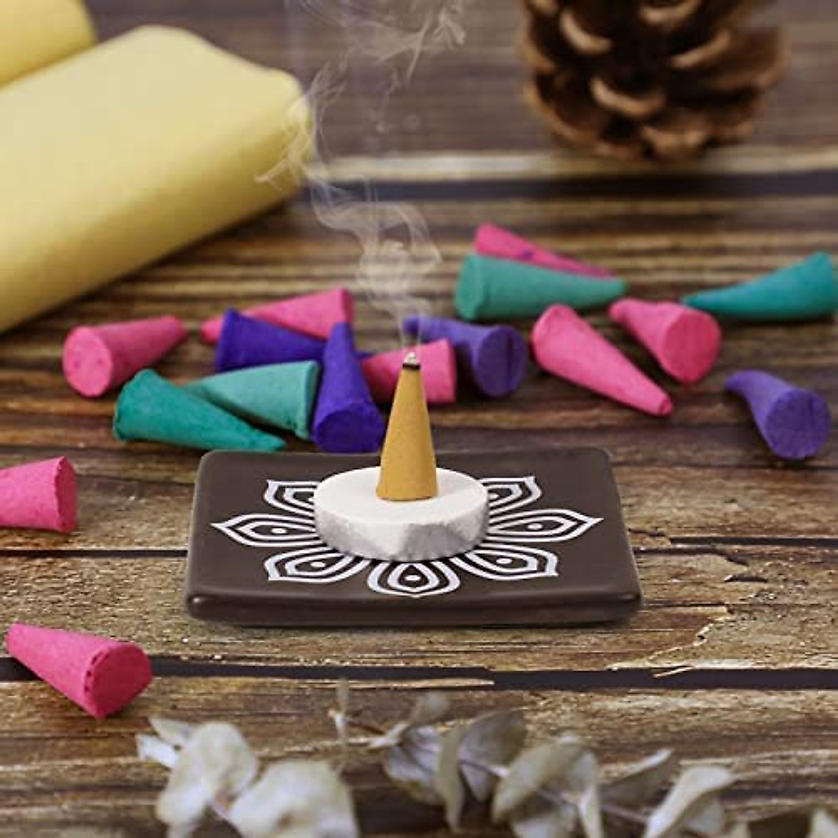 Incense Cones 120 Pcs, with Incense Holder, Mixed Natural Scents Deco Sandalwood Lavender Rose Sage Cinnamon Eucalyptus Rainforest Violet, 8 Assorted Boxes