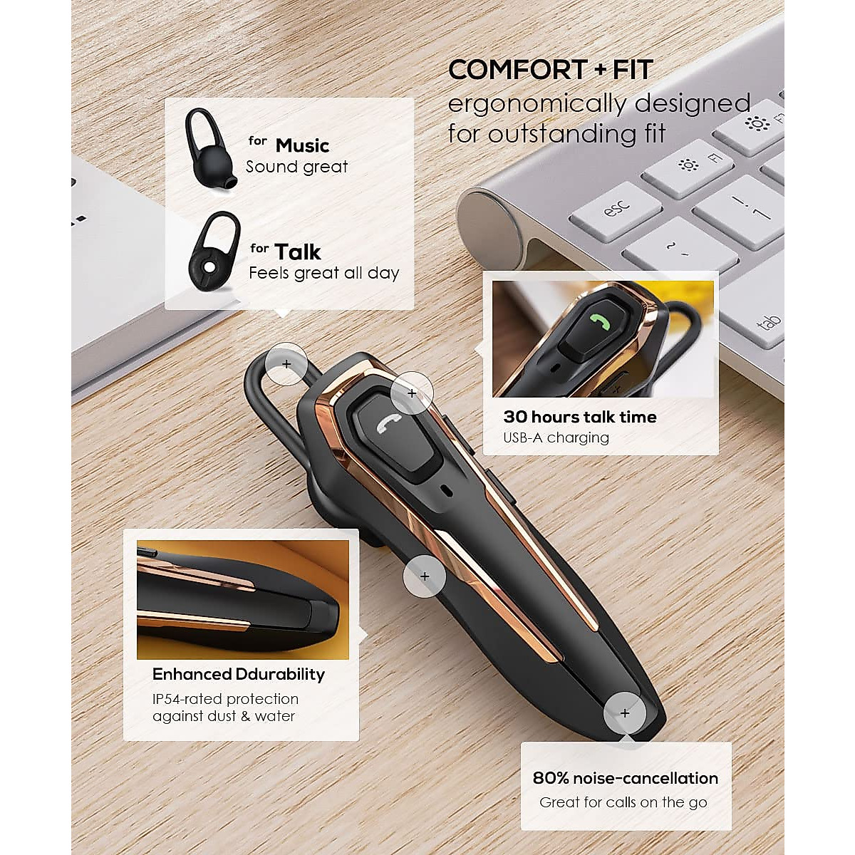 ZOUKAI Bluetooth Headset, Noise Cancelling with 2 Microphones, 30 Hours Talk Time, Announce Caller ID, Hands Free Bluetooth Wireless Earpiece for Cell Phones/Laptop/PC