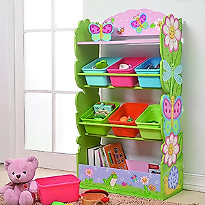 Fantasy Fields - Magic Garden Kids Wooden Furniture, Toy Organizer with 6 Removable Bins and Extra Storage, Combo Shelf, Pink