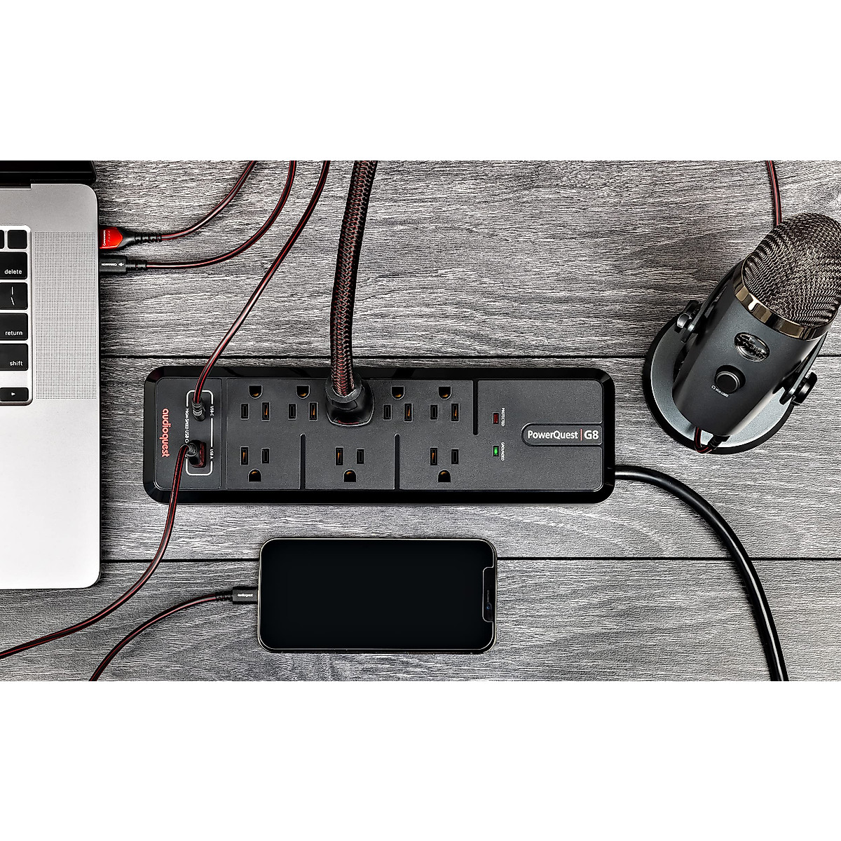 AudioQuest PowerQuest G8 – 8-Outlet Surge Protector with USB-A and USB-C Charging Ports - Perfect for TV, AV Receiver, Xbox, Playstation, Soundbar, Computer, and Home Office