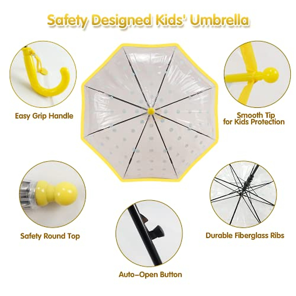 LLanxiry Umbrella Kids Clear Bubble Auto Open Umbrellas for Rain Children's Safe Transparent Dome Waterproof Stick Lightweight Umbrella for Boys Girls (Flower-Yellow)