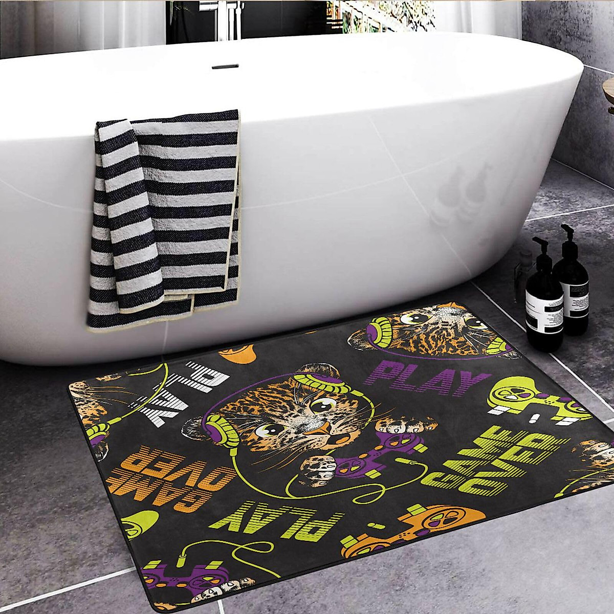 Leopard Gamer Joystick Area Rug 4x6 Non Slip Large Rugs for Living Room Bedroom Absorbent Washable Carpet with Rubber Backing Indoor Outdoor for Dorm Backyard Patio