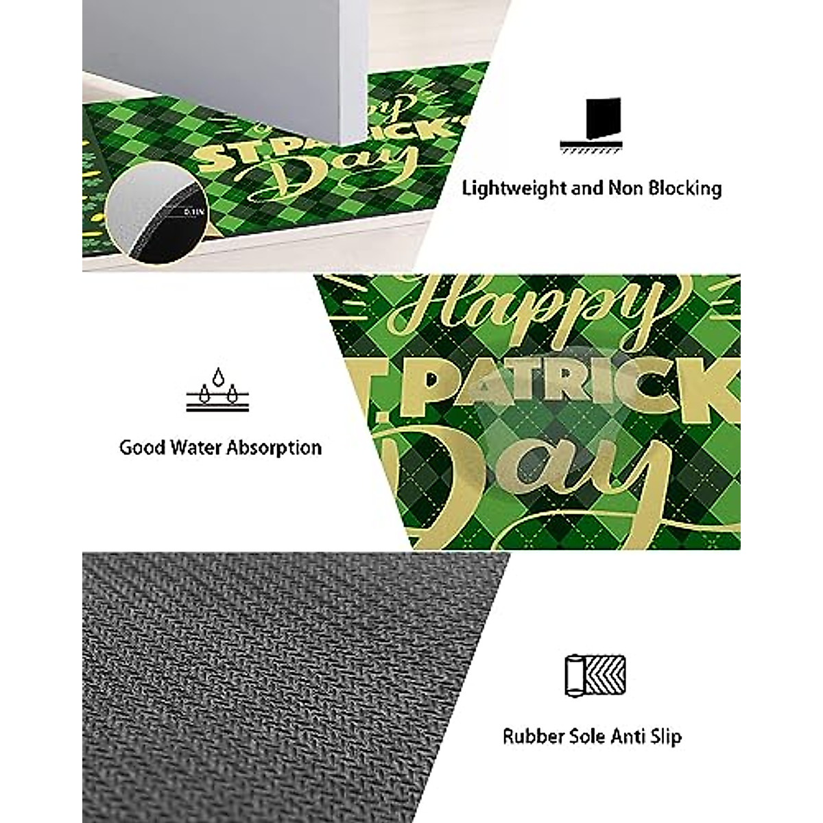 Geometry Bath Mat for Tub,Non Slip Bathroom Floor Runner Rug Quick Dry & Absorbent Diatomaceous Earth Kitchen Room Shower Sink Washable Doormat,St. Patrick's Day Checkered Clover Irish Green 18"x30"