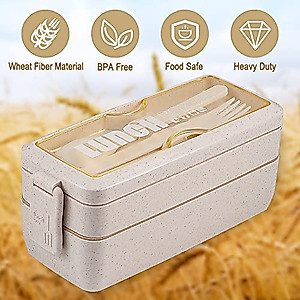 NatraProw Bento Box Adult Lunch Box with Bag, 2 layer Leakproof Lunch Box with Containers Included, BPA Free, Wheat Straw, BPA Free, Microwave Safe, Khaki