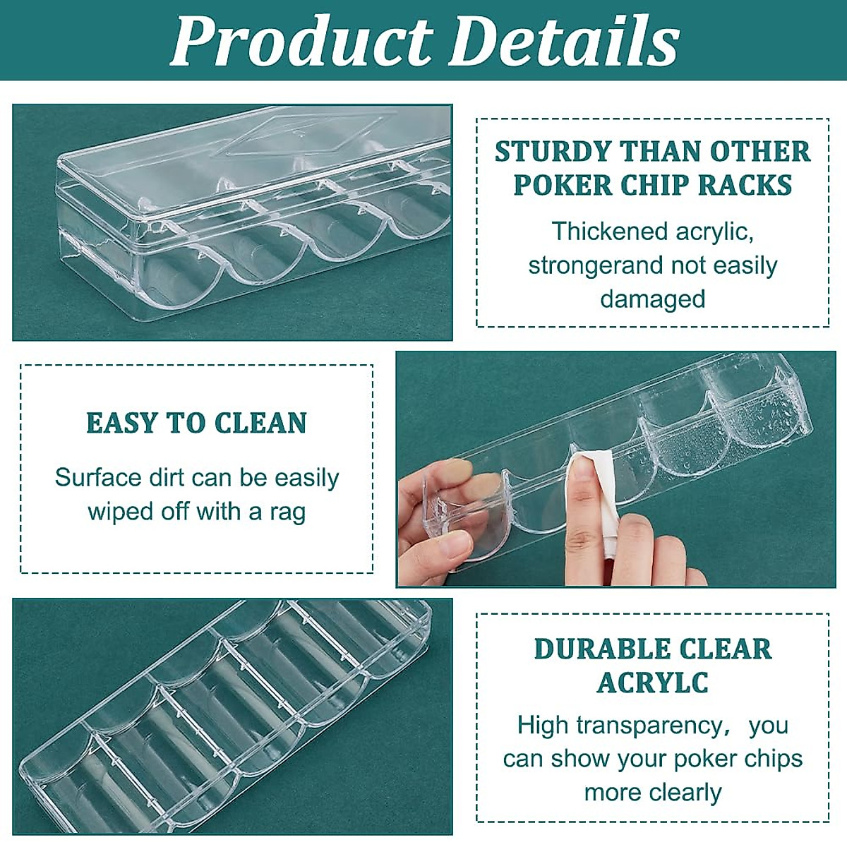 FINGERINSPIRE 2 Pcs Clear Poker Chip Trays Plastic Casino Poker Chip Tray Rack Poker Chip Holder Poker Chip Cases with Cover for Casino Game Standard Size Chips & Clay Chips Each Holds 100 Chips