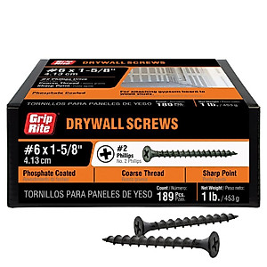 Grip Rite 158CDWS1 1-5/8-Inch 6 Coarse Thread Drywall Screw with Bugle Head, 1 Pound, Black, 200 Count