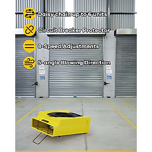AlorAir 4 Pack Zeus 900 Air Mover Commercial Blower for Carpets, Walls, Plumbing Use, Variable Speed Floor Blower Fan, 950 CFM with 1.8 Amps, Circuit Breaker Protection, on-Board Duplex GFCI, Yellow