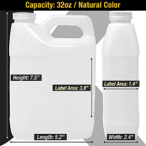 Jumuk Supplies Heavy Duty Natural 32 Oz/1 Quart F-Style HDPE Plastic Jug with Screw Cap, Multipurpose Oil, Liquid Storage Container with Handle (12)