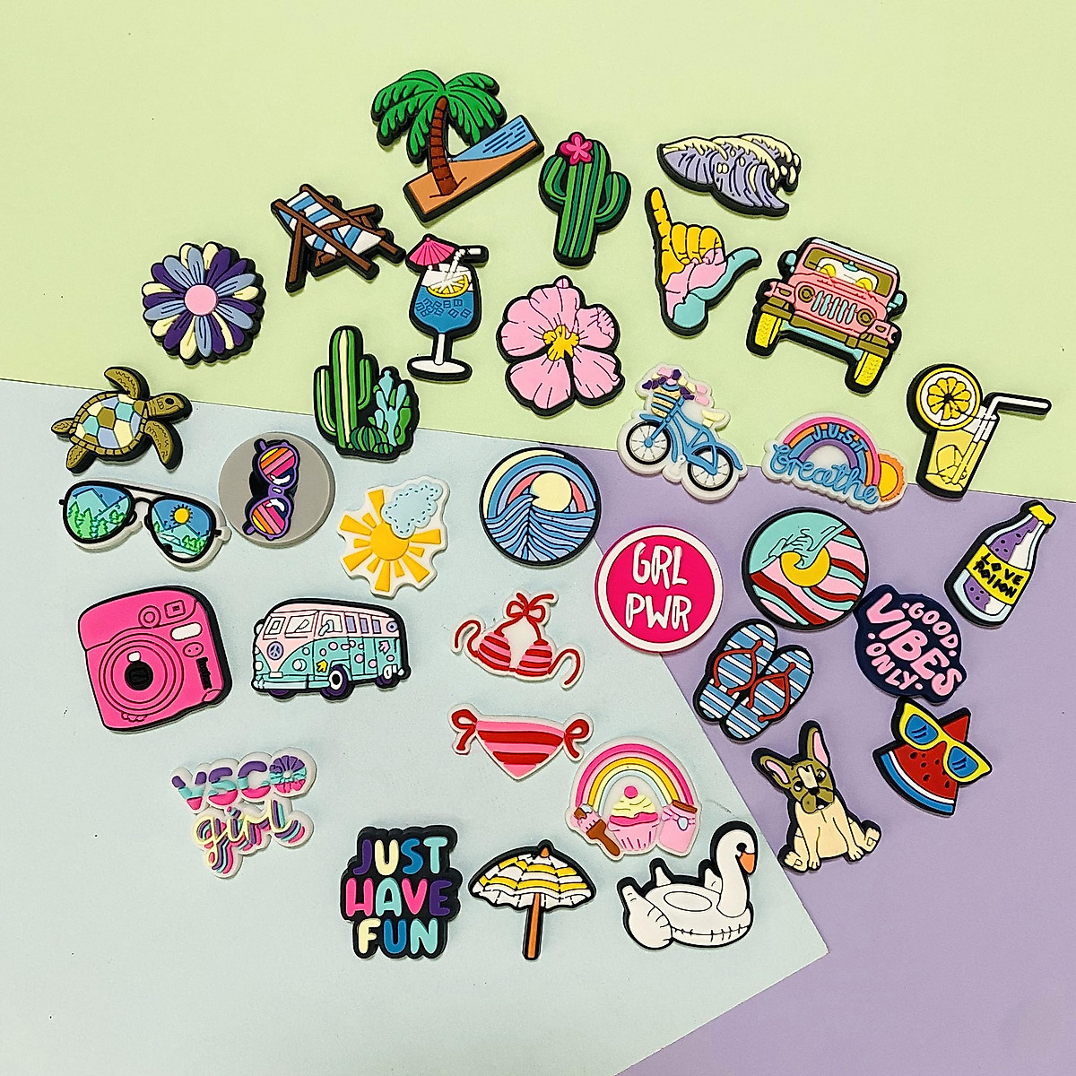 35PCS Summer Shoe Charms for Crock Bubble Slides,Cool Coconut Tree Cactus Fruit Juice Flowers Shoe Decoration Charms Pins for Kids Teens Girls Boys Men Women Party Favor