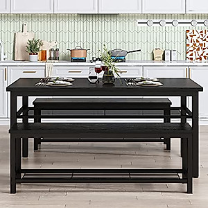 AWQM Dining Room Table Set, Kitchen Table Set with 2 Benches, Ideal for Home, Kitchen and Dining Room, Breakfast Table of 47.2x28.7x28.7 inches, Benches of 40.5x11.0x17.5 inches, Black