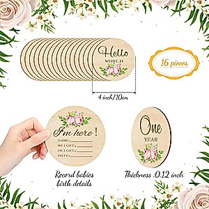 16 Pieces Wooden Baby Monthly Milestone Cards Floral Baby Monthly Milestone Marker Discs Double Sided Monthly Milestone Wooden Circles Baby Months Signs for Baby Shower Newborn Photo Props