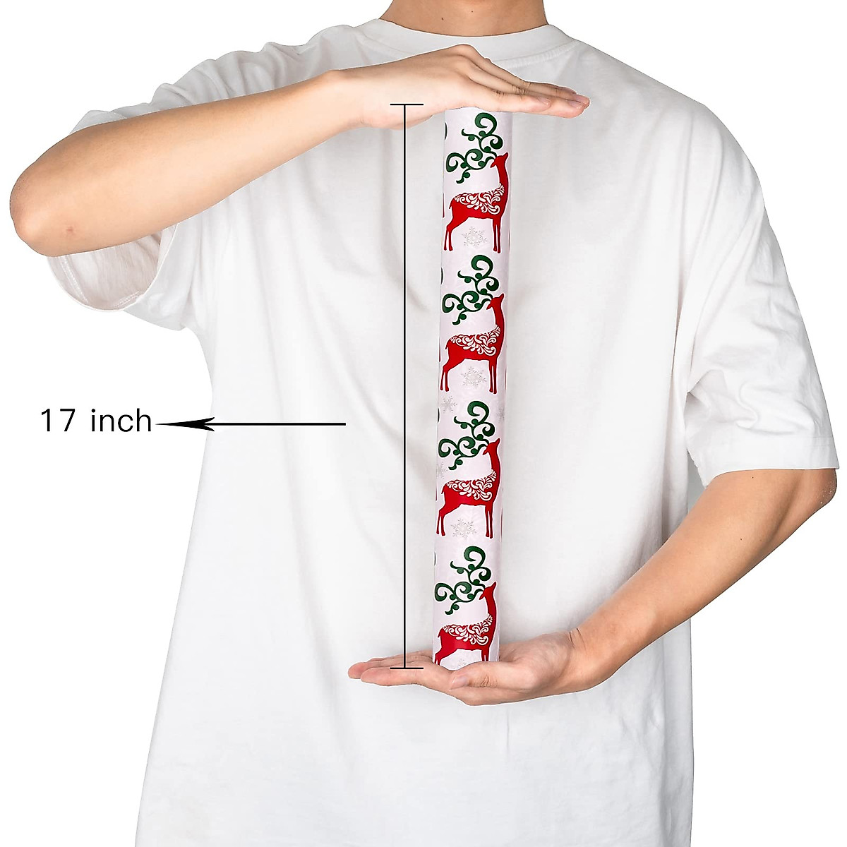 MAYPLUSS Christmas Reversible Wrapping Paper - Mini Roll - 17 Inch X 32.8 Feet- Red Green Reindeer Design (47.3 sq.ft.ttl)