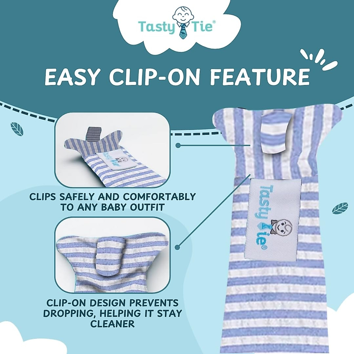 Tasty Tie Teething Tie, 3-in-1 Clip-on Baby Tie Crinkle Toy & Silicone Teether for 3-6-9-12-18 Month Babies | GOTS Certified Organic Cotton | Unique Baby Boy Gift or Stocking Stuffer, Seersucker Style