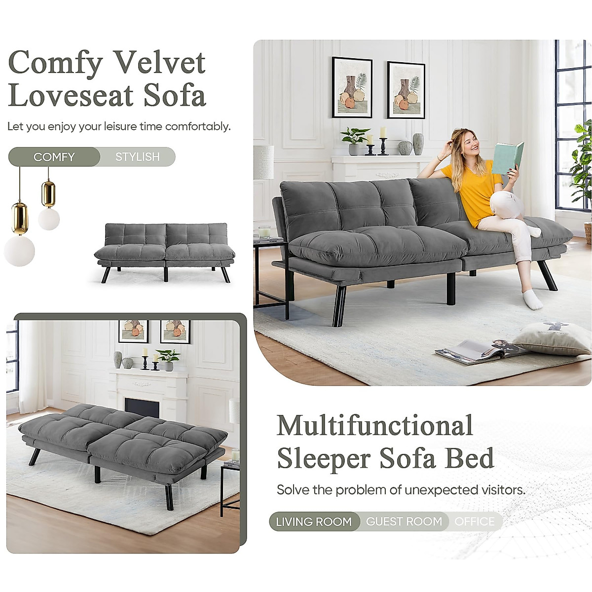 Convertible Velvet Futon Sofa Bed, Comfy 72" L Sleeper Couch with Thicker Cushion, Upholstered Modern Reclining Loveseat Folding Sofa for Small Living Room, Dorm, Apartment, Office, Light Gray