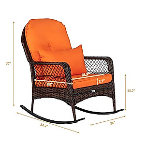 VINGLI Outdoor Wicker Rocking Chair with Cushions & Pillow, Rocker Chair Outdoor Porch Rocking Chair Wicker Chair, Rattan Rocking Chair for Garden, Porch, Backyard (1 Pack)