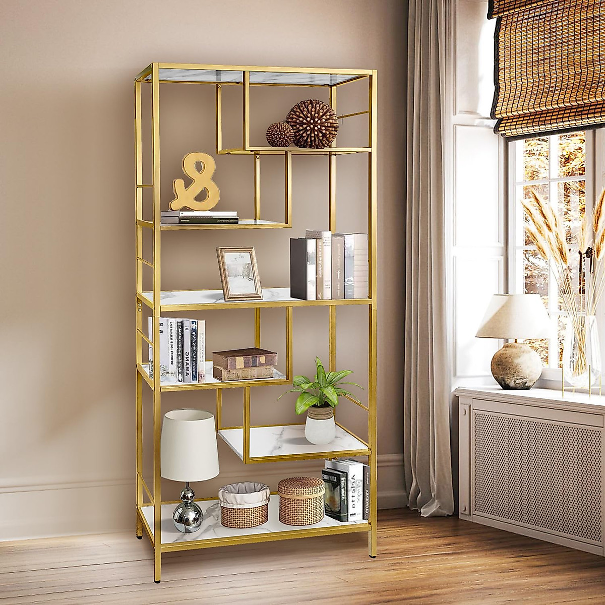 AT-VALY 6 Tier Bookcase Bookshelf, 72.4”Tall Modern Freestanding Bookshelf with 6 Shelves, Faux Marble Open Display Storage Book Shelves for Living Room Bedroom Home Office (Gold)