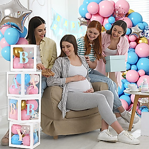 RUBFAC 150pcs Baby Boxes Blue and Pink Balloons Arch, Garland Gender Reveal Decorations Kit, 4pcs Baby Boxes with Letters for Baby Shower Birthday Boy or Girl Baby Party Supplies