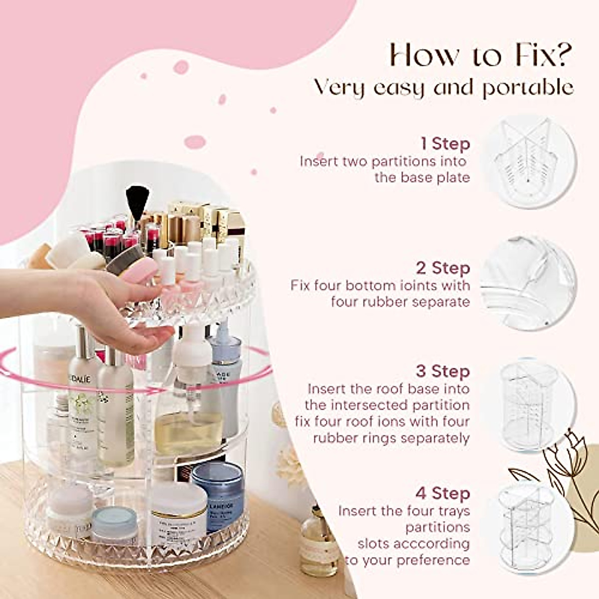 TRENDVIBE Clear Makeup Bathroom Organizer Rotating Large Transparent Display Case for Cosmetics Lipsticks Jewelry Skincare Brushes perfume nail polish countertop storage clear drawer