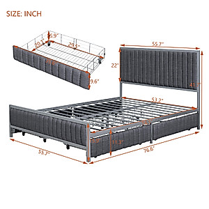 CKLMMC Morden Upholstered Platform Bed Frame with 4 Drawers,Sturdy Built-in Metal Slat Support,Full Size Platform Bed for Bedroom,Living Room (Gray+Linen Fabric2, Full)