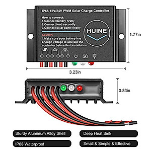 HUINE 20A 12V 24V Auto IP68 Waterproof PWM Solar Charge Controller Solar Panel Battery Intelligent Regulator for Solar System Caravan Boat(24 Hours Working Mode)
