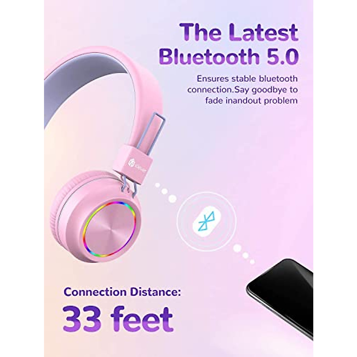 iClever BTH03 Kids Bluetooth Headphones Safe Volume, Colorful LED Lights, 25H Playtime, Stereo Sound Mic, Bluetooth 5.0, Foldable, On Ear Kids Wireless Headphones for Tablet Airplane (Pink)