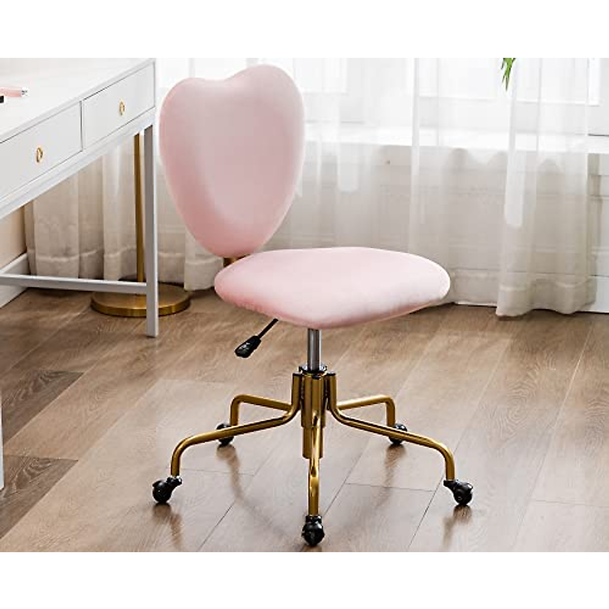 VESCASA Adjustable Swivel Home Office Desk Chair with Cute Heart Shape Design Back, Comfy Velvet Task Chair with Wheels, Small Computer Chair Without Arms for Girls Bedroom/Living Room, Light Pink