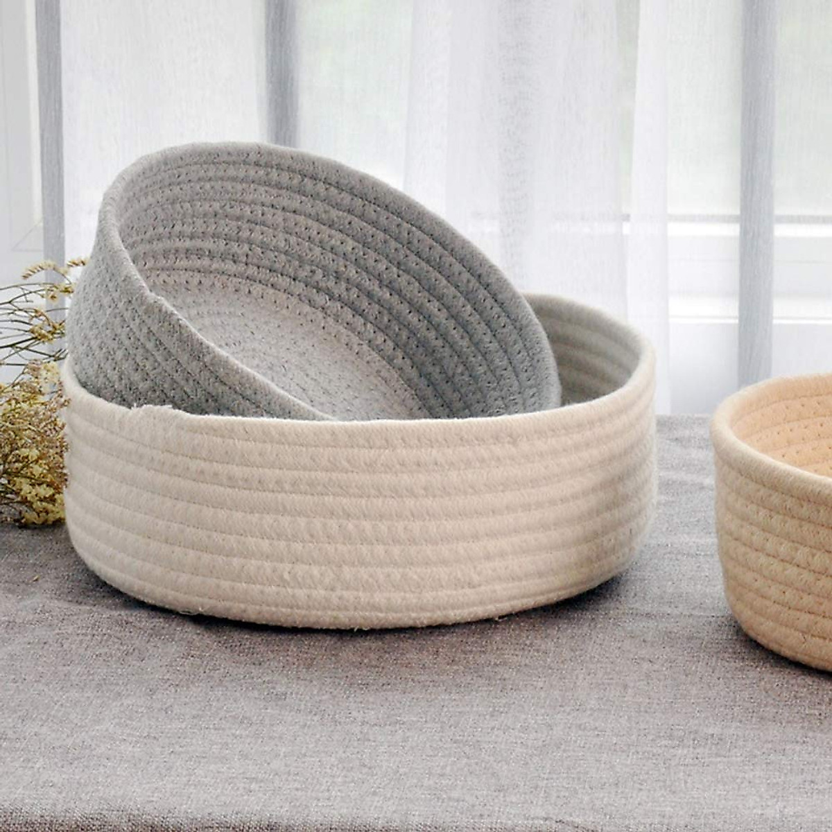BQEE Cotton Rope Handmade Woven Home Storage Household Candy Toys Storage Basket Sundries Collection Box Candy Snack Food Tray SML Pack of 3 (Round, Grey)