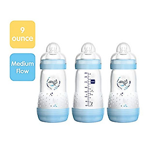 MAM Baby Bottles for Breastfed Babies, MAM Bottles, Anti Colic, Time for Love' Design Collection, Blue, 9 Ounces, 3-Count