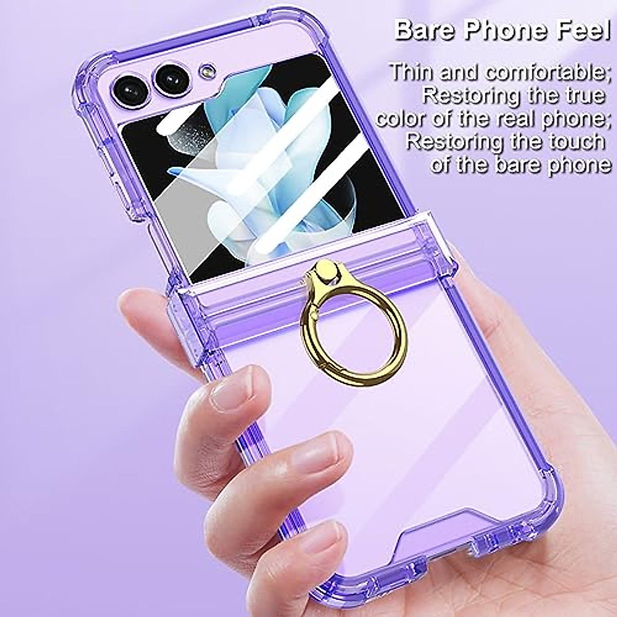 Jusy for Samsung Galaxy Z Flip 5 Case Ring, with Hinge Protection, Built-in Back Screen Protector & Ring Kickstand, Clear Elegant Shockproof Cover for Woman Girl, Purple