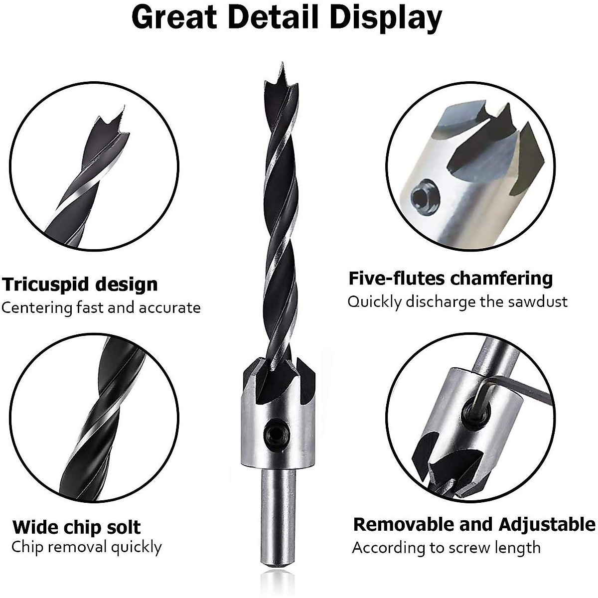 Countersink Drill Bit, Golden^Li 7 PCS 3-10mm HSS Woodworking Drill Bits Set Chamfering Counter Bits with One Hex-Key, Adjustable Carpentry Reamer Plated Perfect for Plastic Metal Wood DIY
