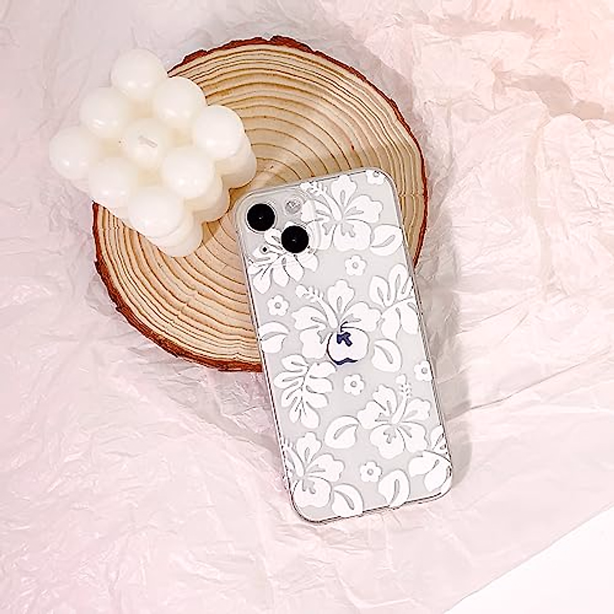 Lovmooful Compatible for iPhone 13 Case Cute Clear Hibiscus Flower Floral Aesthetic Printed Design for Girls Women Soft TPU Shockproof Protective Girly for iPhone 13-White