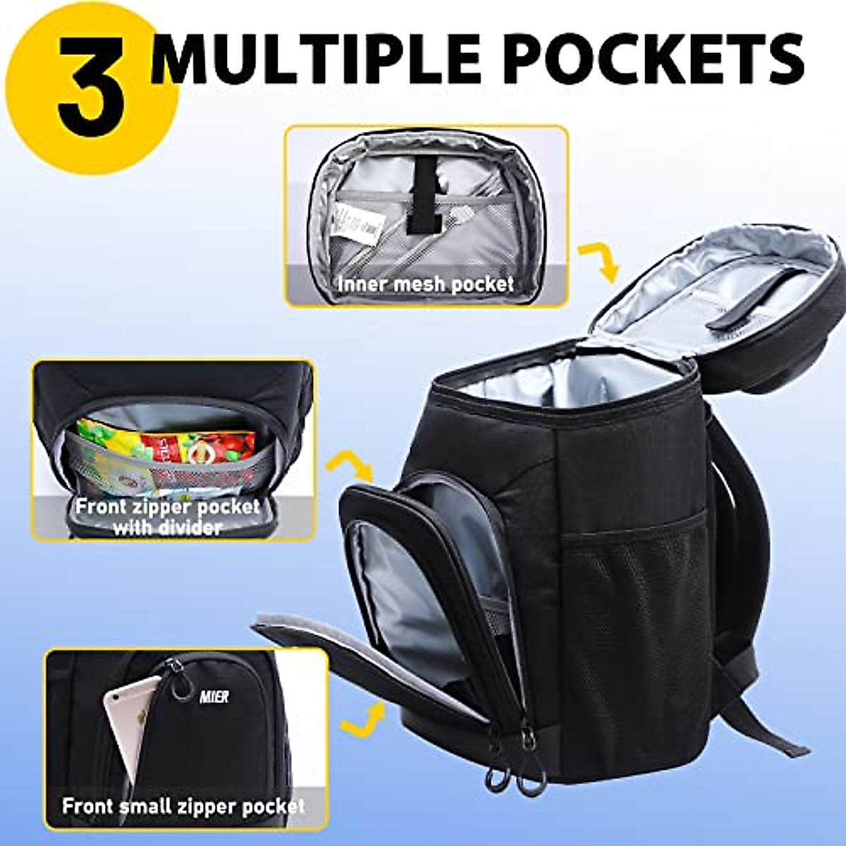 MIER Small Cooler Backpack Insulated Leakproof Lunch Box Backpack for Men Women to Beach, Picnic, Travel, Hiking, Camping, Work, 20 Cans, Black