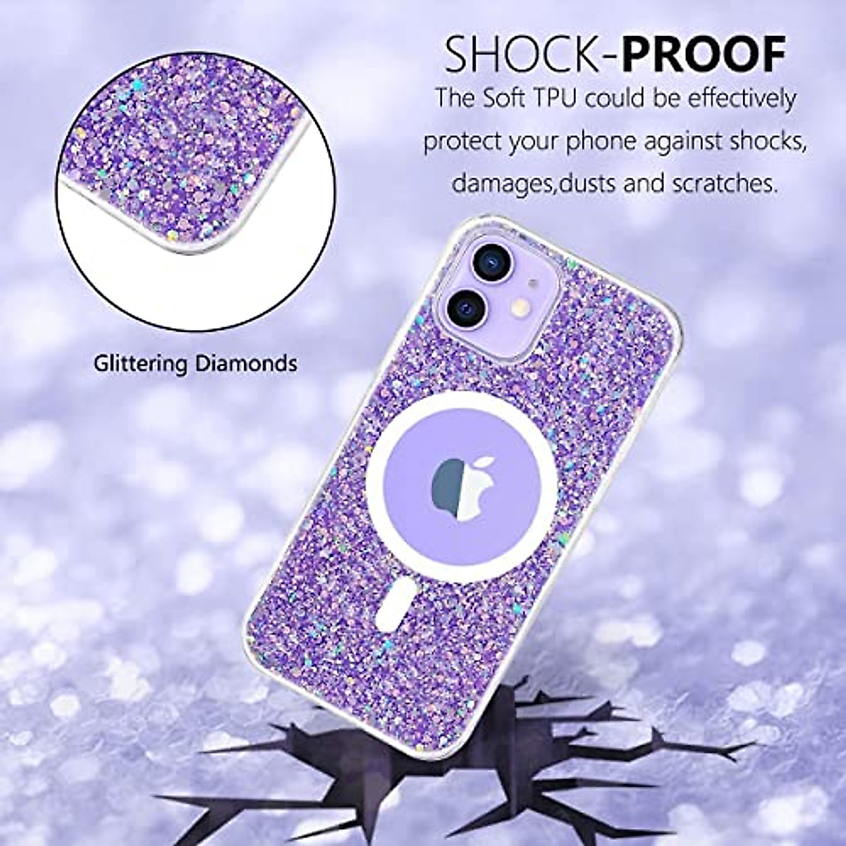 ESTPEAK Magnetic Bling Case for iPhone 13 Pro Max [Compatible with MagSafe] [Cute Twinkle Glitter Design ] Aesthetic Slim Shockproof Protect Sparkle Unique Silicone Phone Cover for Women Girls-Purple