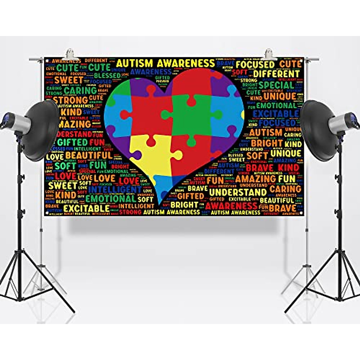 Nepnuser Autism Awareness Photo Booth Backdrop Puzzle Piece Love Heart April Decoration Be Kind Indoor Outdoor Wall Decor-5.9×3.6ft