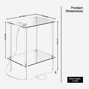 Eglaf Acrylic Side Table Set of 2 with Charging Station & USB Ports - Small End Table - Nightstand Bedside Table for Living Room, Bedroom - 15.7'' L x 11.8'' W x 21.7'' H, 2 Tier