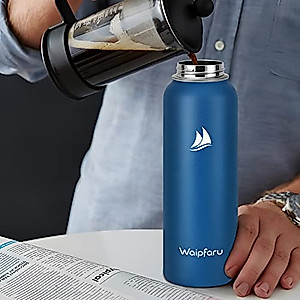 Waipfaru Insulated Water Bottle 40oz, Stainless Steel Water Bottles with Straw Lid, Metal Sports Water Bottle Keep Cold & Hot, Double Wall Vacuum Wide Mouth Sweat-proof for Sports Travel, Navy Blue