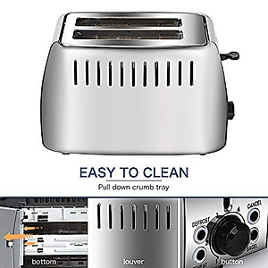 prepAmeal 2 Slice Toaster Stainless Steel Toaster Two Slice Bagel Toaster Small Bake Toaster with 6 Browning Setting, Reheat, Defrost, Bagel, Cancel Function, Extra Wide Slots (Silver - 2 Slice)