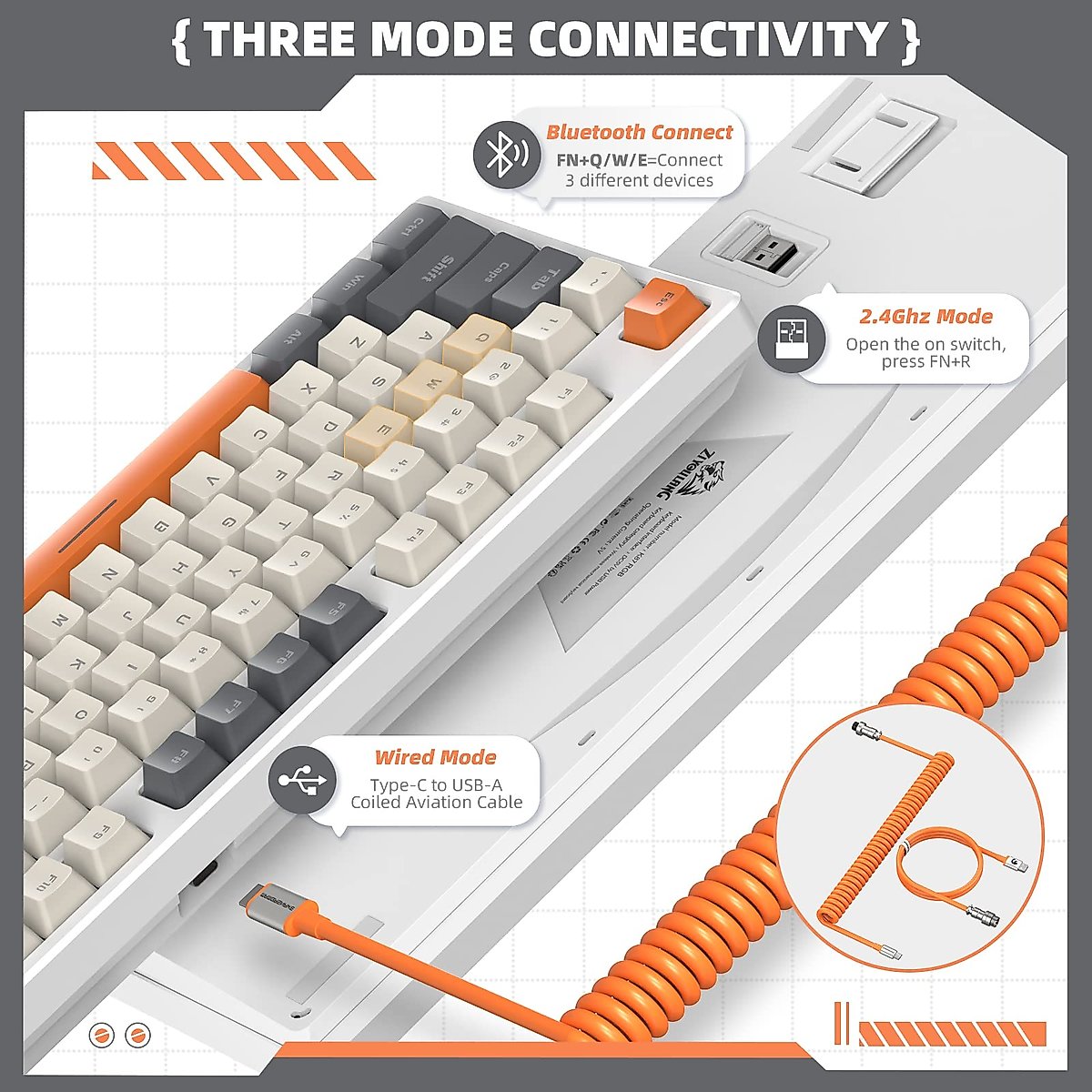 ZIYOU LANG K87 TKL Hot Swappable Wireless Mechanical Gaming Keyboard with Custom Coiled USB C Cable, Triple Mode 2.4Ghz/Bluetooth 5.0/Wired, Red Switches 20 RGB Backlit 3000mAh Battery for PC Laptop