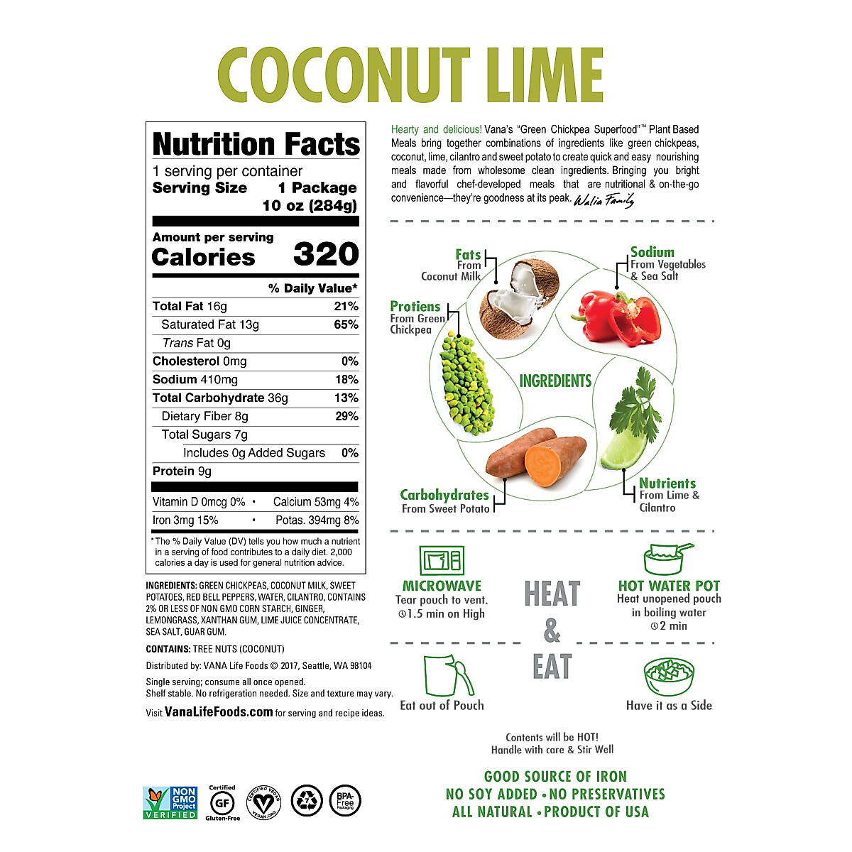 Vana Life's Foods Plant based Ready Meal - Green Chickpea Superfood Bowl Heat and Eat Microwaved Cooked Bowl | Product of the USA (Coconut & Lime, 6-Pack)