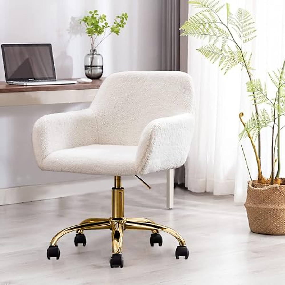 Modern Teddy Home Office Chair, Upholstered Cute Desk Chair with Gold Metal Legs, Adjustable Swivel Task Chair with Wheels, Vanity Chair for Girls Women Small Space Bedroom Study Makeup, White