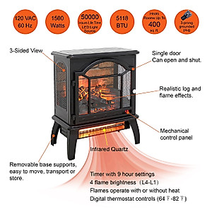 Electric Fireplace Infrared Heater with Remote Control 3D Electric Heater Fireplace 18" Electric Fireplace Stove Adjustable Brightness and Heating, 1500W Electric Fireplace Freestanding, Black