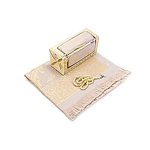 Muslim Prayer Rug and Prayer Beads with Elegant Gift Box | Janamaz | Sajadah | Soft Islamic Prayer Rug | Islamic Gifts Set | Prayer Carpet Mat, Taffeta Fabric, Cream