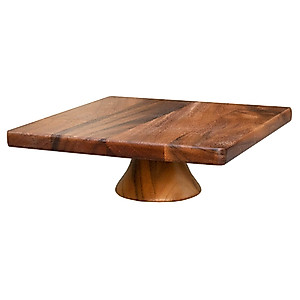Villa Acacia Wood Cake Stand, 11 Inch Square Display with Wooden Pedestal, Small and Mini Cakes
